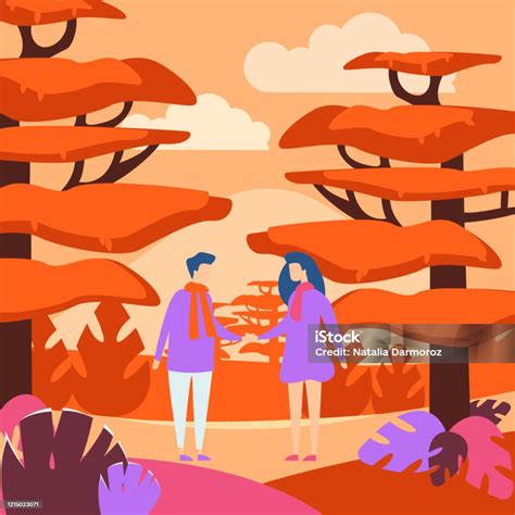 숲 플랫 벡터 그림에 있는 사람들 외출 야외 레크리에이션 가을 시즌 가족 산책 공원에서 젊은 커플 여자 친구와 남자 친구 만화 스타일의 십대 얼굴없는 캐릭터 가을에 대한