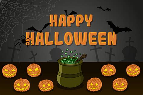 휴일 인사말 배너의 벡터 그림입니다 비문 해피 할로윈 어두운 배경에 빛나는 호박과 마녀의 가마솥 거미줄 거미 무덤 및 박쥐 10월에 대한 스톡 벡터 아트 및 기타 이미지