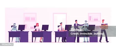 자동화 인공 지능 인간 대 로봇 보스 는 사람들과 파에 사무실에서 일하는 사이보그에 손을 흔들어 살아 있는 디지털 노동자 해고