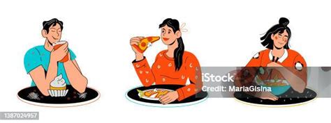 카페 나 레스토랑에서 다양한 맛있는 음식을 먹는 사람들 평평한 벡터 고립 먹기에 대한 스톡 벡터 아트 및 기타 이미지 먹기 탁자 개체 그룹 Istock
