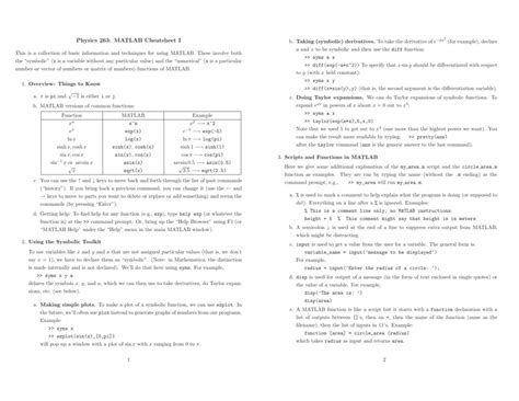 Physics 263 Matlab Cheat Sheet Download Printable Pdf Templateroller