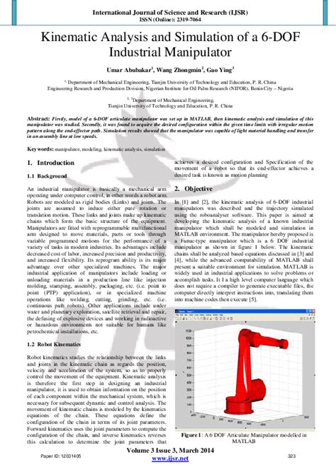 Pdf Kinematic Analysis And Simulation Of A 6 Dof Industrial Manipulator