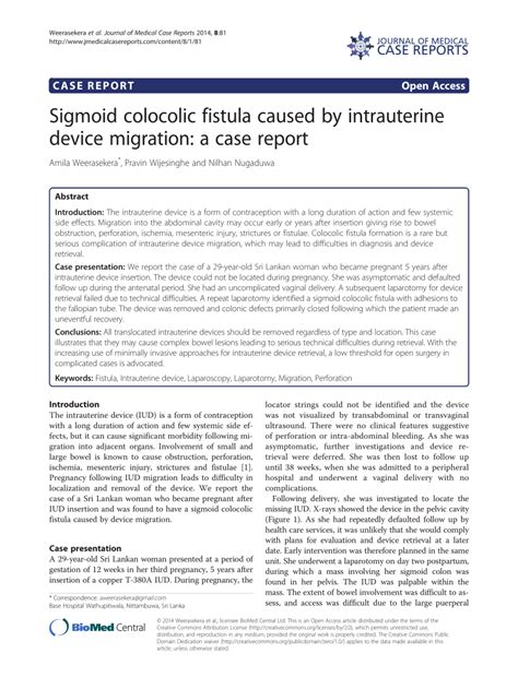 Pdf Sigmoid Colocolic Fistula Caused By Intrauterine Device Migration A Case Report