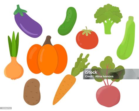 흰색 배경에 고립 된 만화 야채 벡터 그림을 설정합니다 비트 뿌리 감자 오이 토마토 가지 호박 당근 브로콜리 호박 양파 플랫 만화 벡터 일러스트레이션 채소에 대한 스톡 벡터