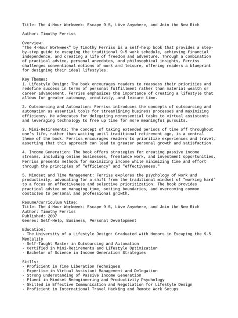The 4 Hour Work Week Summary Pdf Mindset Outsourcing