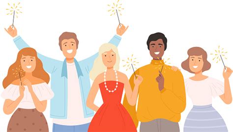 함께 불타는 스파클러를 들고 행복한 사람들의 그룹 휴일 이벤트 만화 스타일 벡터 일러스트를 축하 즐거운 남자와 여자 독일에 대한 스톡 벡터 아트 및 기타 이미지 Istock