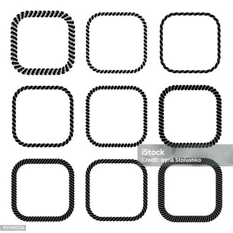 마린 스타일에 검은 사각 흑백 밧줄 프레임의 벡터 집합입니다 두껍고 얇은 테두리 흰색 배경으로 구성 된 절연의 컬렉션 꼰 코드 0명에 대한 스톡 벡터 아트 및 기타 이미지