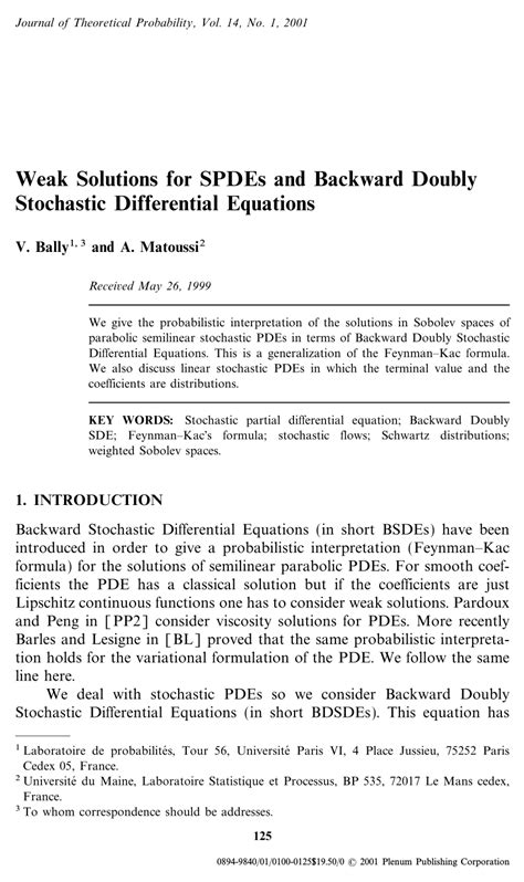 Pdf Weak Solutions For Spdes And Backward Doubly Stochastic Differential Equations