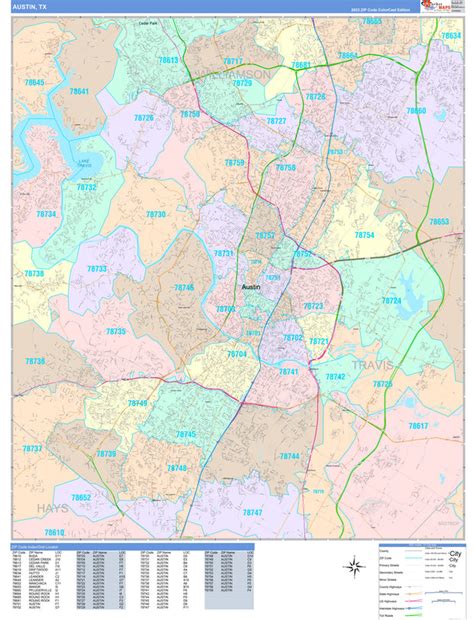 Colorcast Zip Code Style Wall Map Of Austin By Market Maps Texas Map