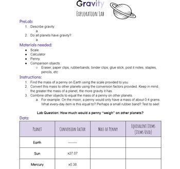 Gravity Exploration Lab By Classroom With Clayton TPT