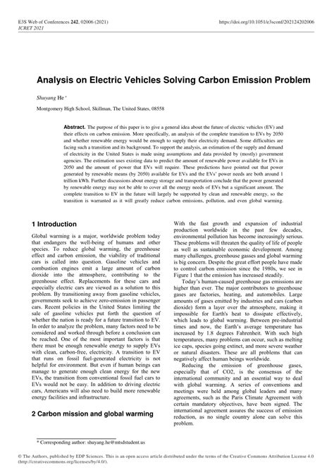 Pdf Analysis On Electric Vehicles Solving Carbon Emission Problem