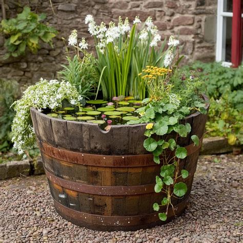90cm Giant Rustic Oak Half Barrel Wildlife Pond In A Pot Kit Woven Wood