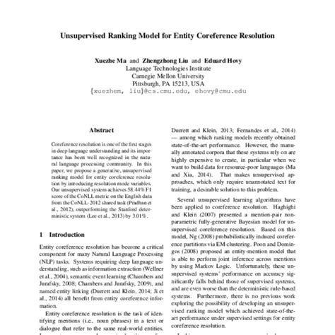 Unsupervised Ranking Model For Entity Coreference Resolution Acl