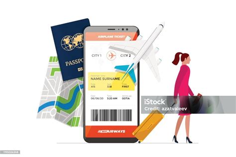 온라인 항공편 예약 서비스 개념 스마트폰으로 짐을 싣고 비행기 여행을 하는 여성 비행기 티켓 웹 사이트 또는 모바일 앱의 예약