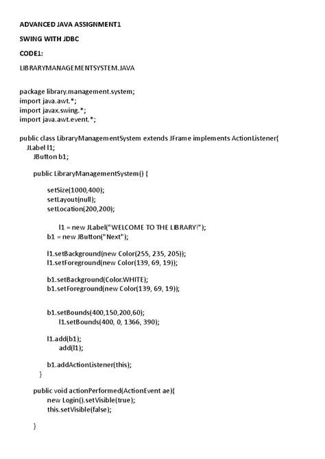 Assignment 1advancedjavalibrary Management System Advanced Java Assignment Swing With Jdbc
