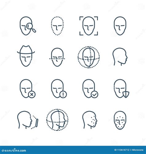Face Recognition Line Icons Faces Biometrics Detection Facial Scanning And Unlock System