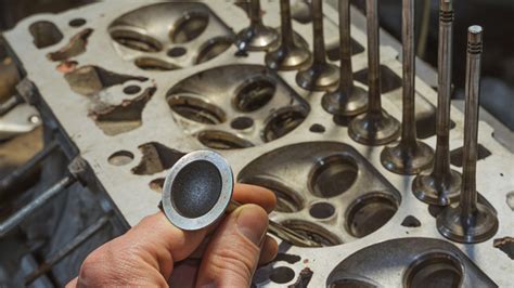 정비사의 손은 자동차 엔진 밸브를 닫습니다 자동차 모터의 일부입니다 현대 가솔린 엔진 수리의 기계 세부 사항 엔진의 밸브 설치 기계장치 자동차 작업장 자동차 가볍게