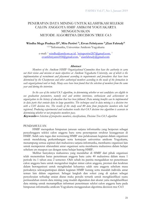 Pdf Penerapan Data Mining Untuk Klasifikasi Seleksi Calon Anggota