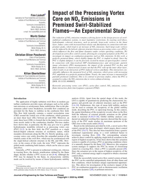 PDF Impact Of The Precessing Vortex Core On NOx Emissions In Premixed Swirl Stabilized Flames