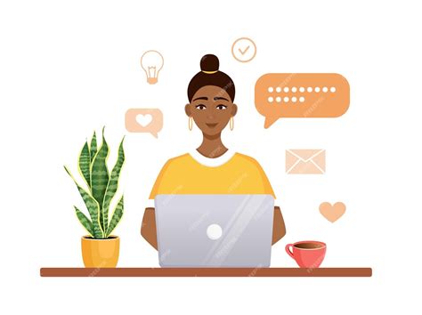 Premium Vector Woman Works At The Computer Remote Work Freelance Home Office Programming Education