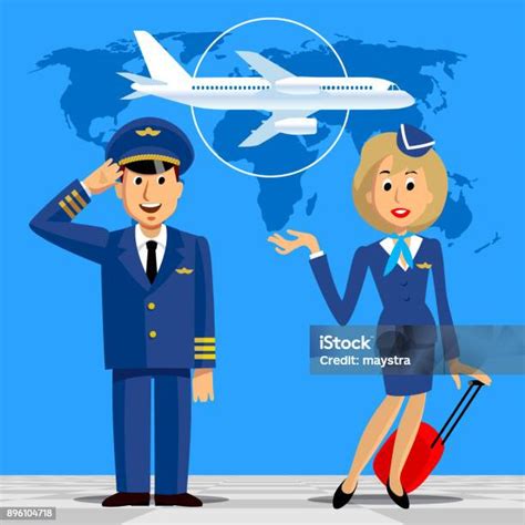 조종사와 스튜 어디 스 유니폼 세계지도 비행기와 파란색 배경에 날기에 대한 스톡 벡터 아트 및 기타 이미지 날기 만화 미소 Istock