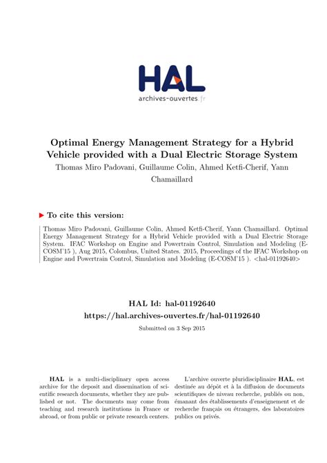 Pdf Optimal Energy Management Strategy For A Hybrid Vehicle Provided With A Dual Electric