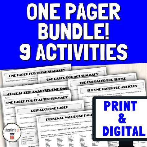 One Pager Assignment Bundle For Books Plays Articles Research