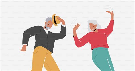 쾌활한 선배 남자와 여자가 춤을 추고 몸을 움직인다 행복한 옛 캐릭터 커플 활동적인 여가 시간 취미 클럽 레크리에이션 재미 할아버지 댄서는 자유를 잃었습니다 만화