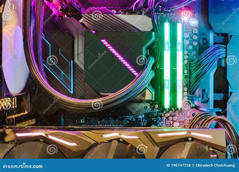 Inside Desktop PC Gaming And Cooling Fan CPU System With Multicolored LED RGB Light Show Status