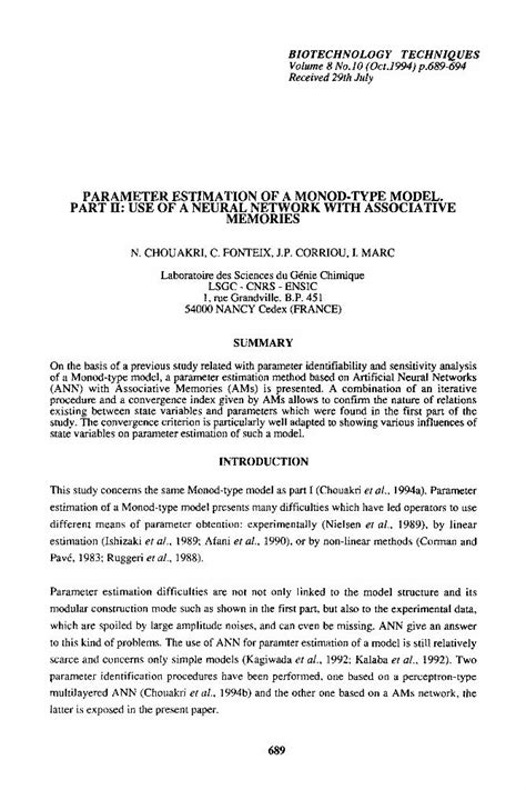 Pdf Parameter Estimation Of A Monod Type Model Part Ii Use Of A Neural Network With