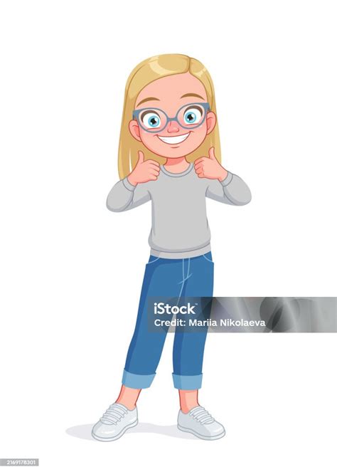 엄지 손가락을 보여주는 안경을 쓴 어린 소녀 만화 벡터 일러스트 레이 션 귀여운에 대한 스톡 벡터 아트 및 기타 이미지