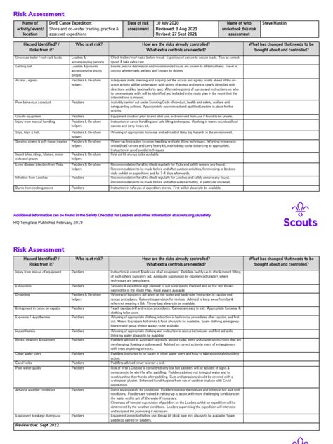 Risk Assessment Dofe Canoe Expedition Training Revised Sept 2021 Pdf