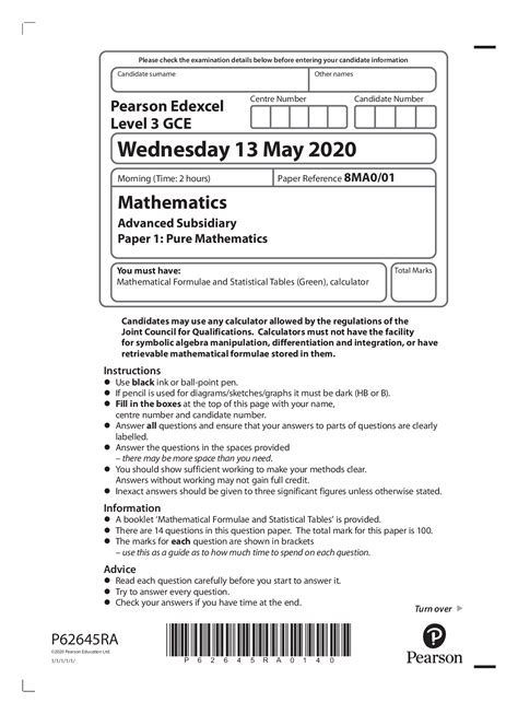 Pearson Edexcel Further Mathematics MA Question Paper Mark Scheme Paper Pure