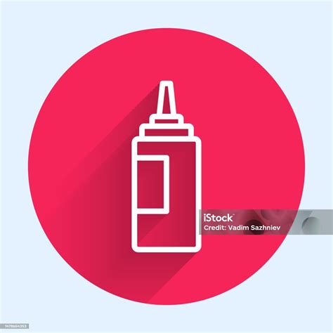 긴 그림자로 격리 된 화이트 라인 소스 병 아이콘 케첩 겨자 마요네즈 병에 소스를 얹고 패스트푸드를 먹습니다 빨간색 원