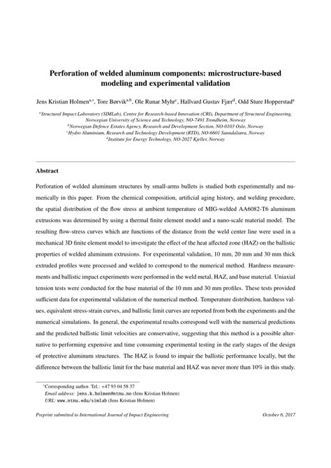Pdf Perforation Of Welded Aluminum Components Microstructure Based Modeling And Experimental
