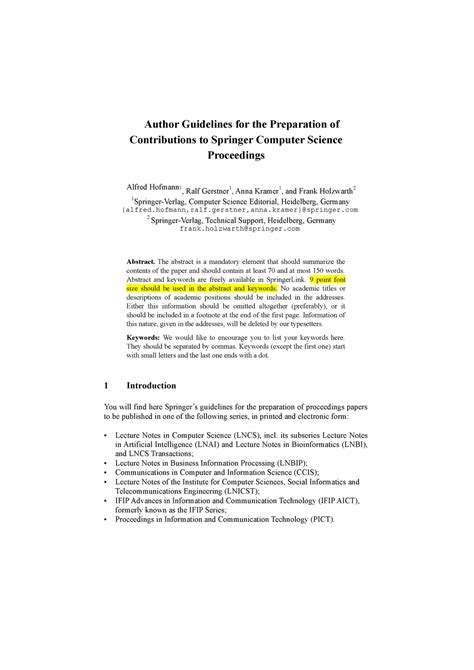 Springer Paper World Template Author Guidelines For The Preparation Of Contributions To