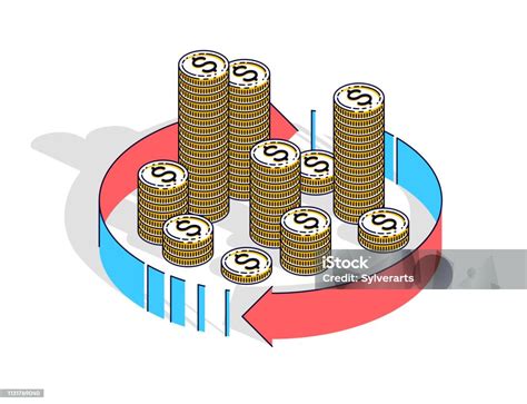 자금 순환 투자 수익률 환전 현금 환급 자금 환불 개념을 사용할 수 있습니다 벡터 일러스트 레이 션의 현금 돈 스택 주위에 방사형 루프 화살표 3d 등각 투영 0명에 대한