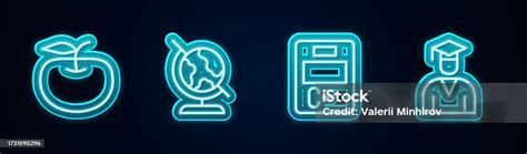 라인 설정 Apple 지구 지구본 오답이 있는 시험지 졸업 및 졸업 모자 빛나는 네온 아이콘입니다 벡터 과일에 대한 스톡 벡터 아트 및 기타 이미지 Istock