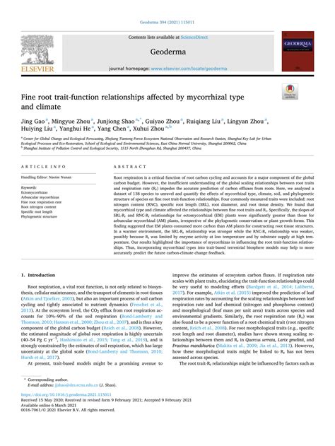 Pdf Fine Root Trait Function Relationships Affected By Mycorrhizal
