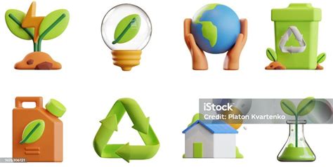 3d 생태 아이콘 세트 재활용 폐기물 재생 가능 에너지 원 유기 바이오 연료 플라스틱 재사용 에코 인식 환경 보호 지구를 구하세요 Ux Ui 웹 디자인 요소 3d 렌더링
