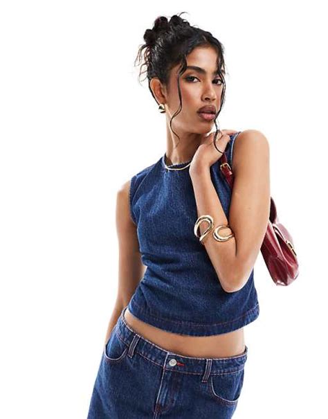 Asos Design Denim Bow Back Top In Indigo Asos