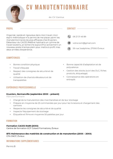 Cv Manutentionnaire Exemple Et Mod Le