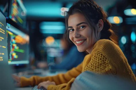 Smiling Caucasian Female Software Developer Working Late Night Computer Blue Lights Background
