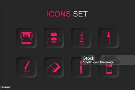 지우개 또는 고무 잉크 병 페인트 통 브러시 스포이드 색상 선택기 팔레트 필통 편지지 깃털 및 잉크 병 및 아이콘을 설정합니다