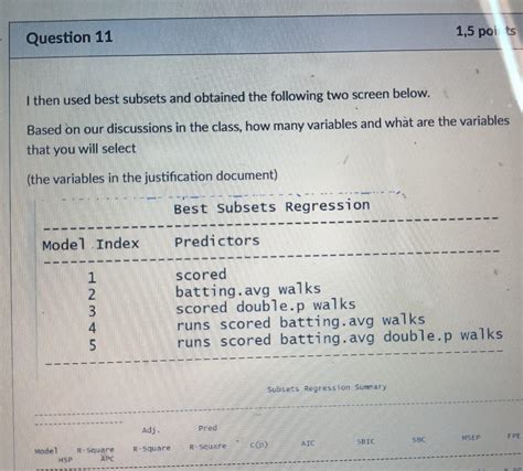 [solved] i then used best subsets and obtained the