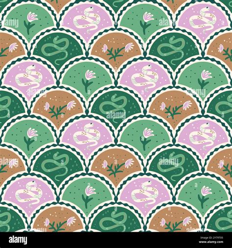 Snakes Scallop Seamless Pattern Reptiles And Flowers Arch Repeat Background Animal Surface
