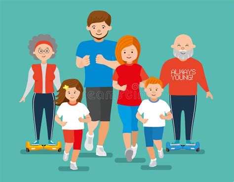 Счастливая семья спорт Мама папа дочь сын бабушка дед плоско Иллюстрация штока