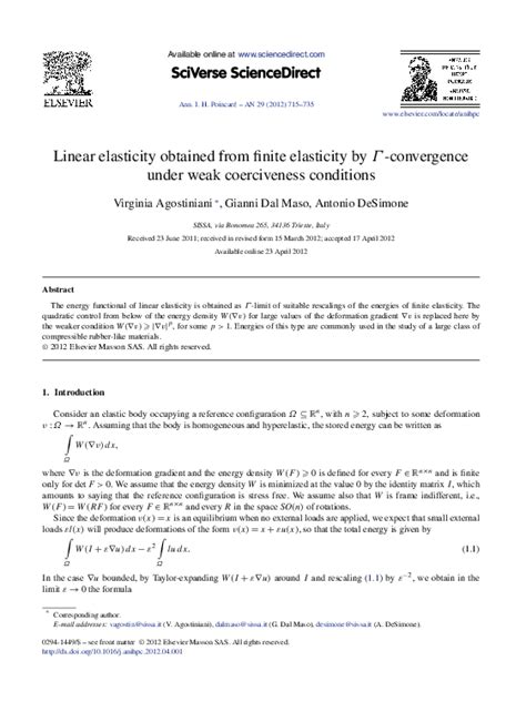 Pdf Linear Elasticity Obtained From Finite Elasticity By Γ Convergence Under Weak Coerciveness