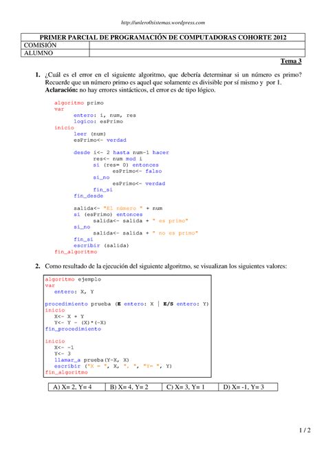 Programación De Computadoras Primer Parcial 2012 Tema 3 Primer Parcial De ProgramaciÓn De