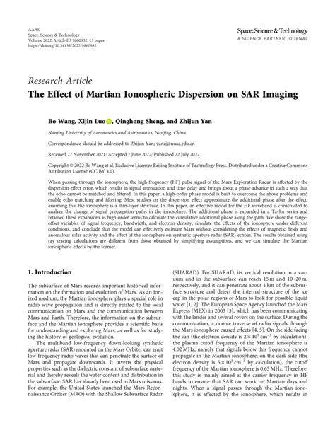 Pdf The Effect Of Martian Ionospheric Dispersion On Sar Imaging